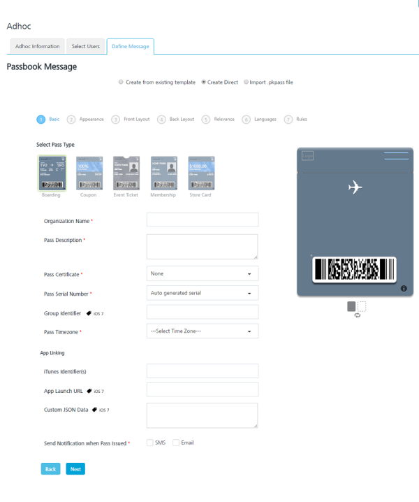 Using Passbook Message section to configure pass messages.